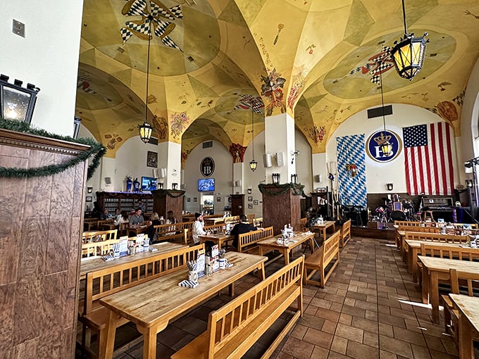 Soaring painted ceilings and communal wooden tables transport you straight to Munich without the jet lag or lederhosen requirement.