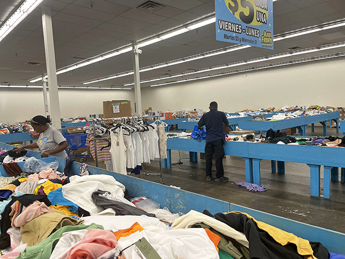 Blue tables stretch to the horizon like bargain atolls in a sea of savings, where shoppers navigate the waters of weekly $5 deals.