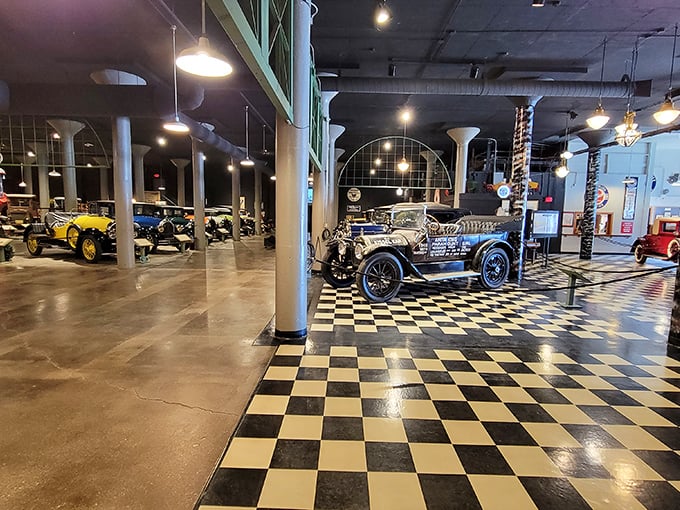Step inside and you're greeted by a classic checkered floor that practically screams "start your engines!" The museum's interior feels like a cathedral dedicated to the automobile.