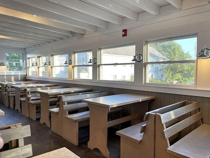 Simple wooden benches and tables say, "We're here for the food, not the frills." New England practicality at its finest.