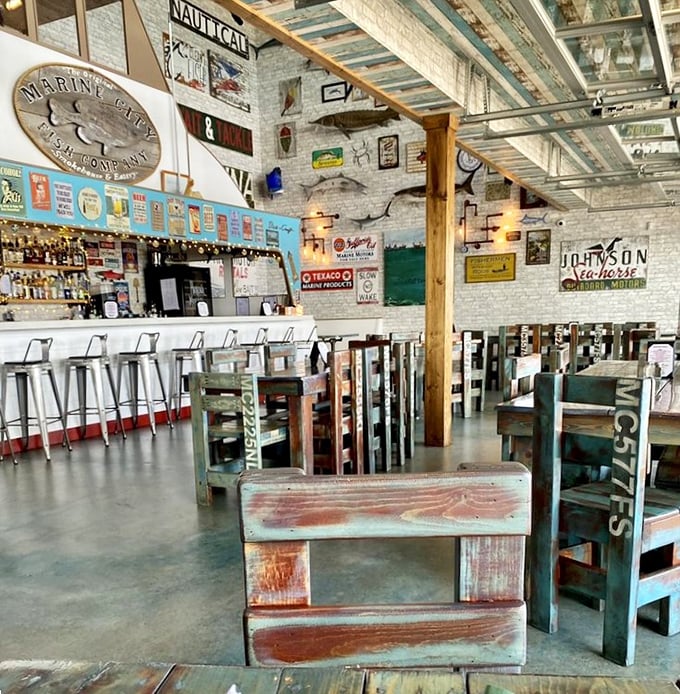 Nautical charm meets rustic comfort in this whimsical interior. Every weathered board and vintage sign tells a story of Great Lakes maritime heritage.