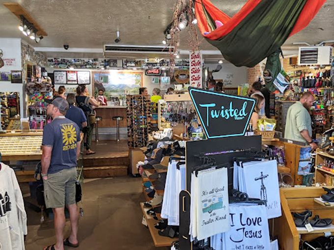 Organized chaos at its finest. The interior is a treasure trove of souvenirs, snacks, and surprises hanging from every available inch.