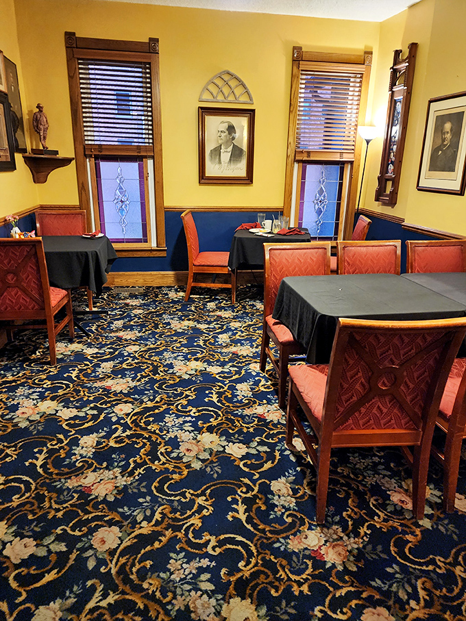 Dining rooms that whisper "historic elegance" with yellow walls, ornate carpeting, and coral chairs. Like having dinner in a tasteful museum where steaks are the main exhibit.