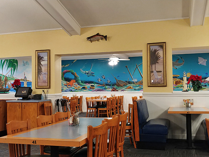 Inside, a vibrant underwater mural transports diners from landlocked Clinton to coastal paradise. Those mounted fish? They're just jealous they're not on your plate.