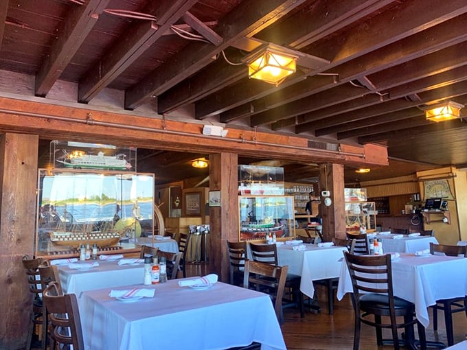 Wooden beams, white tablecloths, and water views&mdash;Bahrs' dining room feels like you've stepped into a maritime museum where the exhibits are edible and delicious.