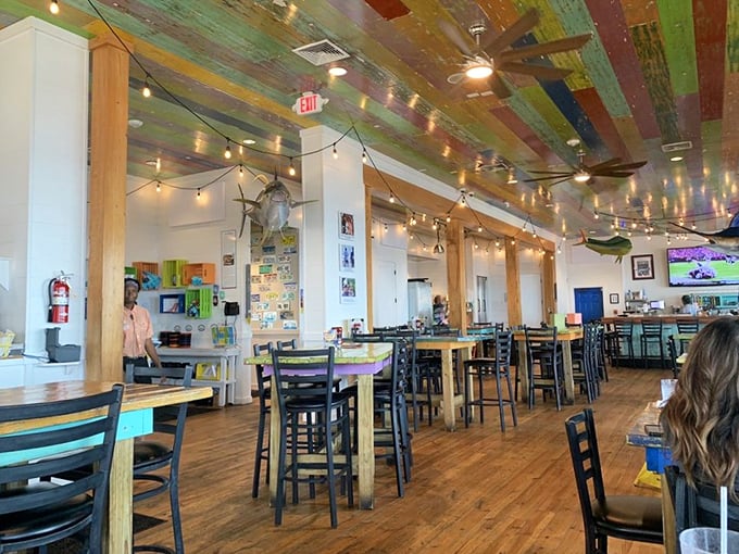 Step inside to discover a ceiling that looks like it was painted by Jimmy Buffett after a particularly inspiring margarita. Pure coastal joy overhead!