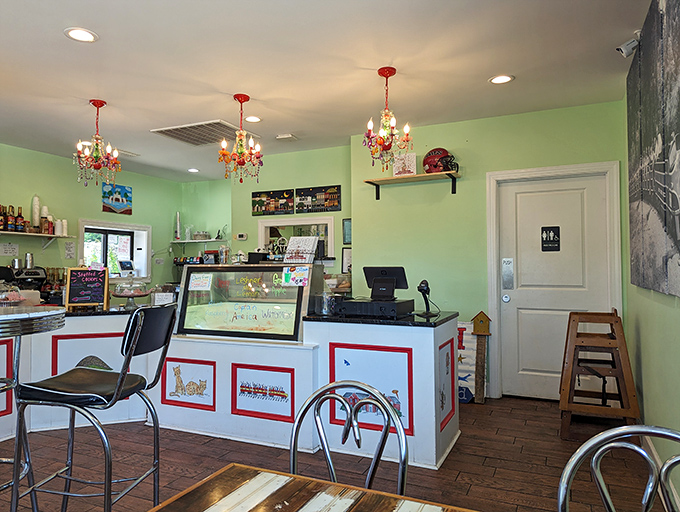 Those red chandeliers hanging from mint green walls aren't just decor&mdash;they're a declaration that ice cream deserves a touch of whimsy and elegance.