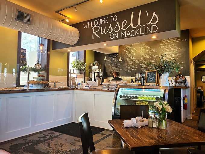 Welcome to carb heaven. The chalkboard menu and pastry display case at Russell's are like a roadmap to delicious decisions you'll never regret.