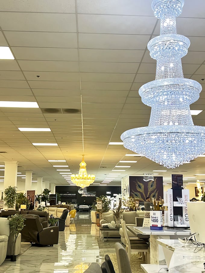 Crystal chandeliers that would make Liberace blush cascade from the ceiling, transforming everyday furniture shopping into a red-carpet experience.