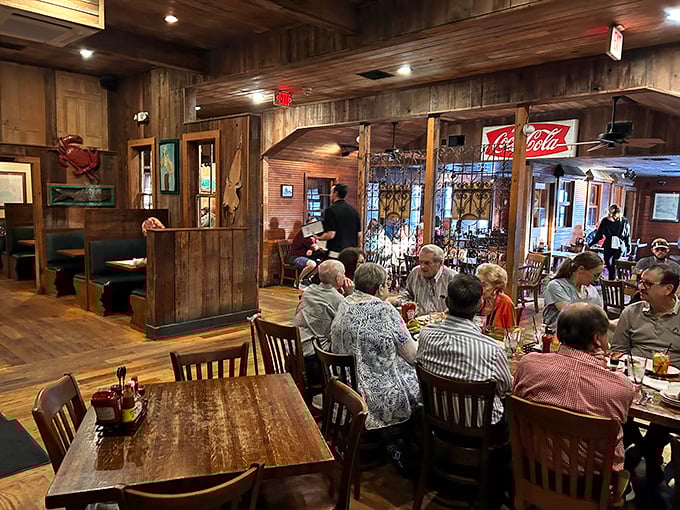 Rustic wood paneling creates the perfect backdrop for serious eating. Like dining in a cabin where the fish practically jump onto your plate.