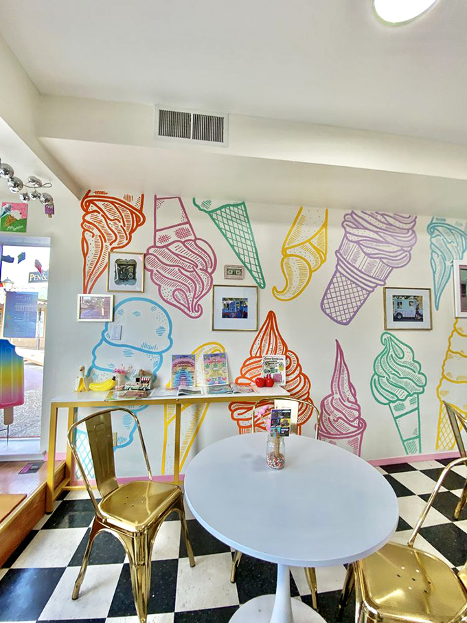 Where ice cream dreams come to life! The colorful cone illustrations and checkered floor create the perfect backdrop for memory-making.