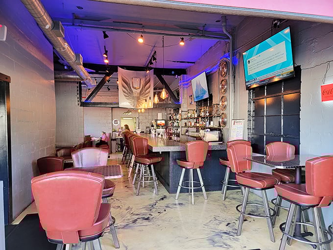 Retro meets modern in this cozy bar area. Those vintage red vinyl stools have probably witnessed more food epiphanies than a cooking show marathon.