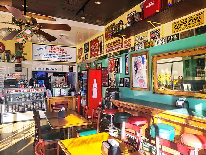 Step inside and travel back in time! This interior is a kaleidoscope of vintage Americana, with enough memorabilia to keep your eyes feasting for hours.