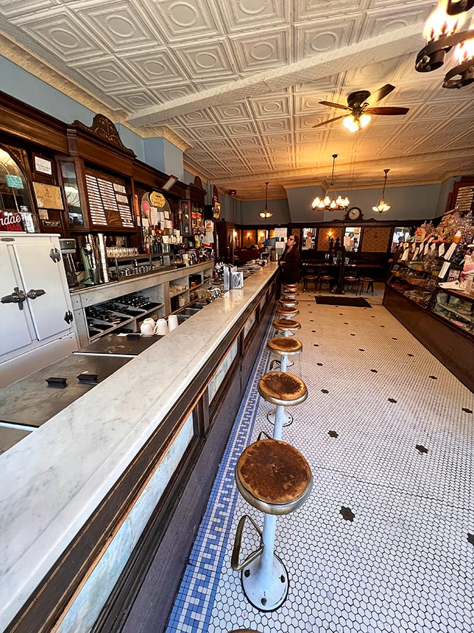 Step into this marble-countered time machine where every spinning stool tells stories of sweet memories.