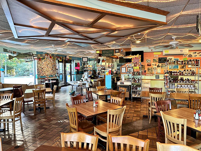 String lights crisscross the ceiling like a fisherman's net, capturing the perfect blend of coastal charm and no-nonsense dining atmosphere.