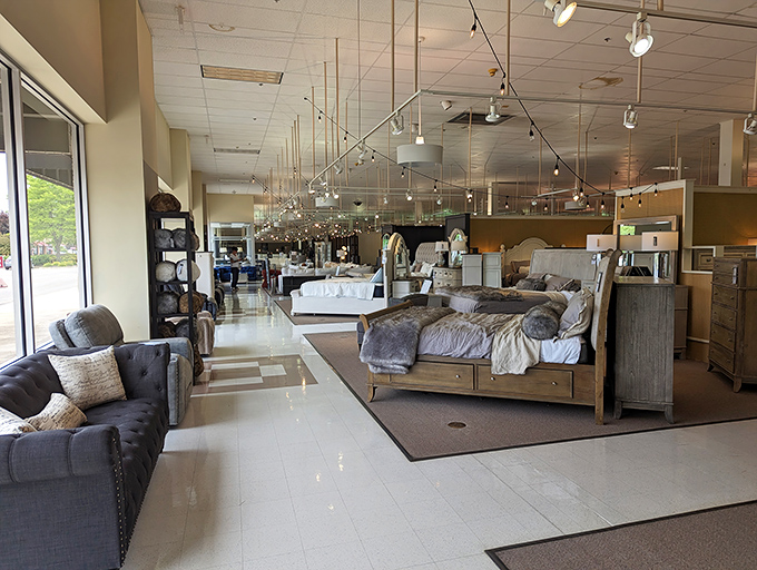 Gleaming floors lead you through a wonderland of bedroom possibilities. Like Alice falling through the looking glass, but with better mattress options.