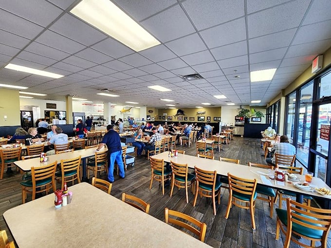 Inside, the no-frills dining room buzzes with energy as locals gather for what might be Oklahoma's most unexpected culinary treasure.