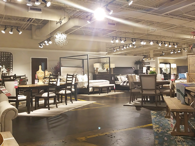 Chandeliers casting warm light over carefully curated displays. It's like walking through someone's dream home, except everything's for sale.