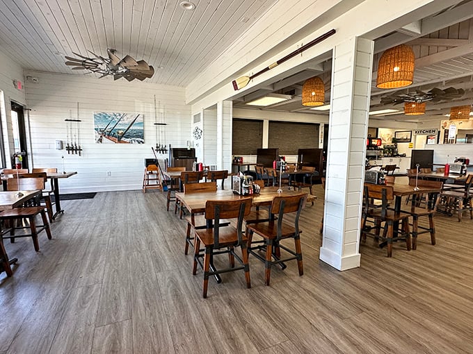 Coastal charm meets Midwest hospitality in this bright, airy dining room. The white shiplap walls and nautical touches transport you straight to the seaside.
