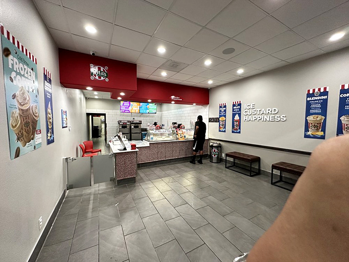 Clean lines, bright colors, and a promise of "Get Custard Happiness" on the wall. This isn't just a shop; it's therapy in frozen form.