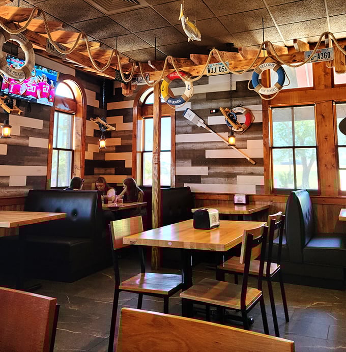 Nautical charm meets mountain hospitality inside, where fishing nets and life preservers transform this Colorado eatery into a coastal getaway.