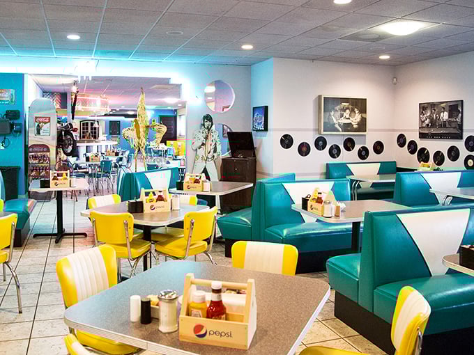 Step into a time machine of teal and yellow, where Elvis watches over your meal and vinyl records remind you that the best conversations happen over coffee.