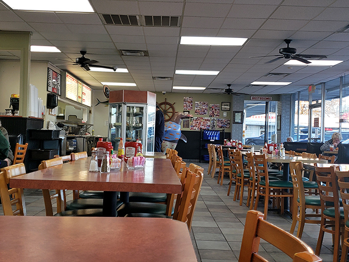 No-frills nautical charm defines the dining room, where ship wheels and wooden tables set the stage for serious seafood enjoyment.