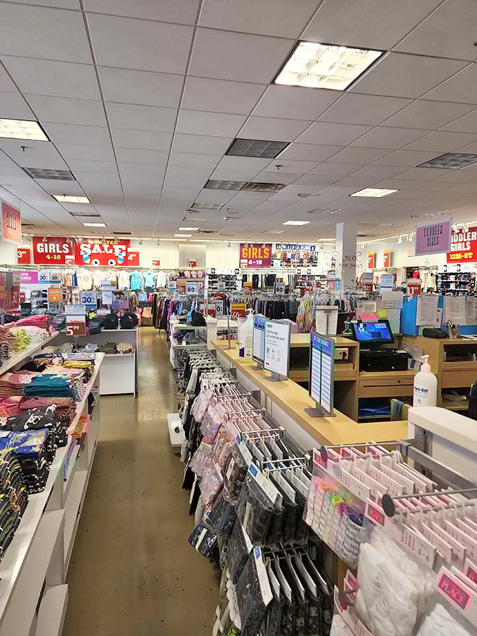 Discount heaven awaits inside, where racks of clothing and bold sale signs promise fashion finds that won't break the bank.