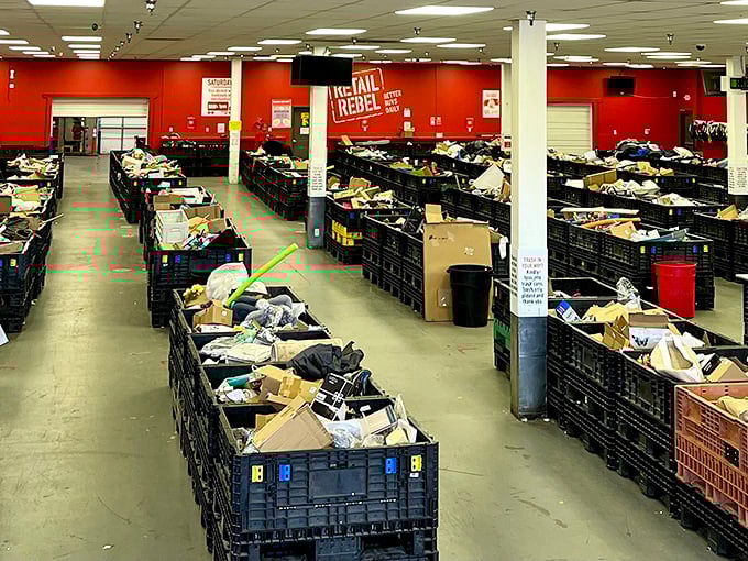 Row after row of black bins create a treasure hunter's paradise. This isn't shopping&mdash;it's an archaeological dig for modern bargain hunters.