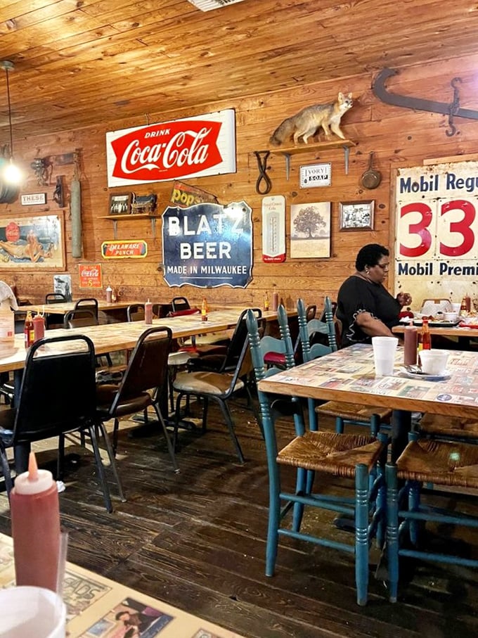 Rustic pine walls adorned with vintage Americana create the perfect backdrop for comfort food conversations. That taxidermied fox has seen some serious eating.