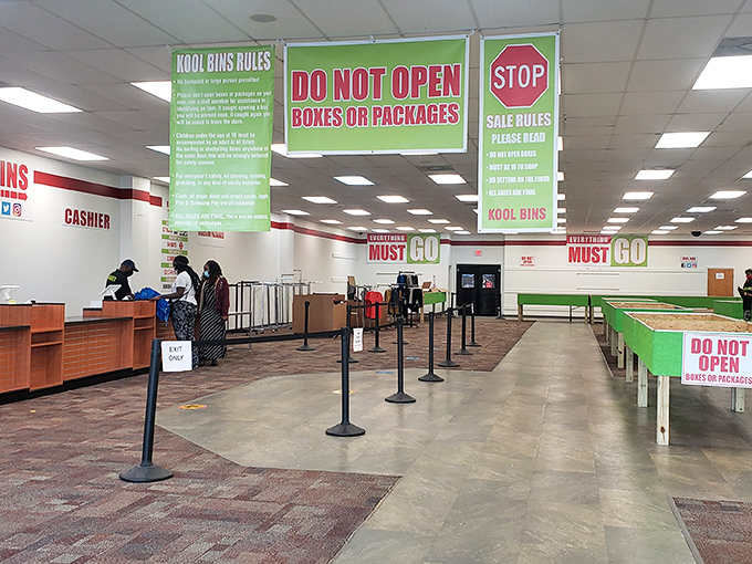 Inside Kool Bins, clear rules and green bins create the perfect ecosystem for treasure hunters. The "DO NOT OPEN" signs are the first commandment of bin diving.