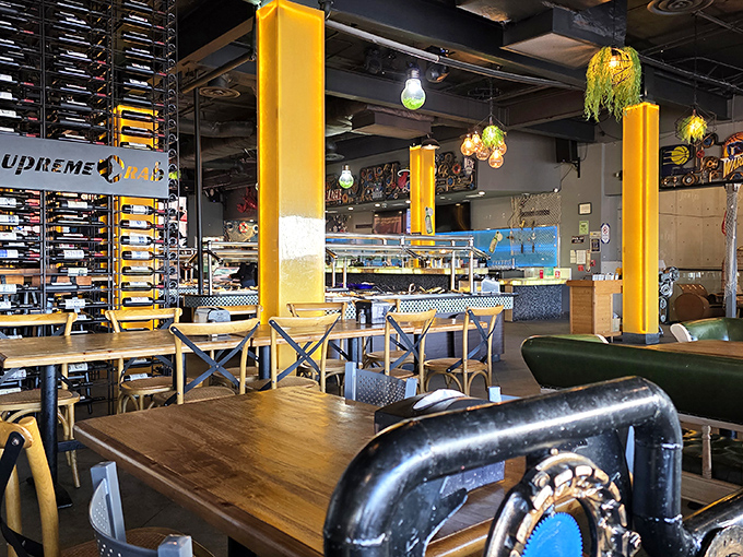Yellow pillars stand like sentinels guarding treasure troves of seafood. The industrial-chic interior says, "Focus on the food, not the furniture."