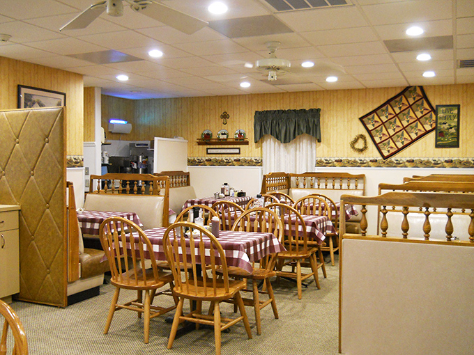 Wooden chairs, checkered tablecloths, and quilts on the wall &ndash; Yoder's interior feels like a warm hug from grandma, minus the cheek pinching.