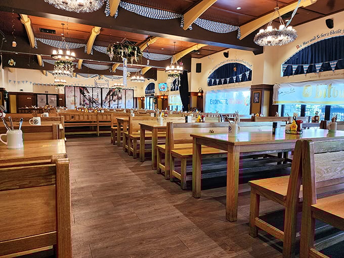 Long wooden tables await new friendships and beer-fueled conversations under traditional chandeliers. The Germans call this gem&uuml;tlichkeit&mdash;I call it heaven.