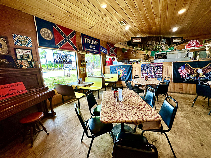 Step inside to a wood-paneled time capsule where political opinions hang proudly alongside deer mounts. The decor is as unfiltered as the conversations.