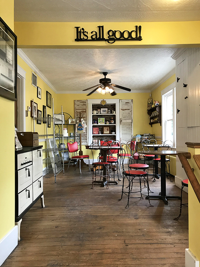 It's all good! proclaims the wall, and truer words were never mounted. The sunny yellow dining area invites you to linger over coffee and contemplate a second donut.