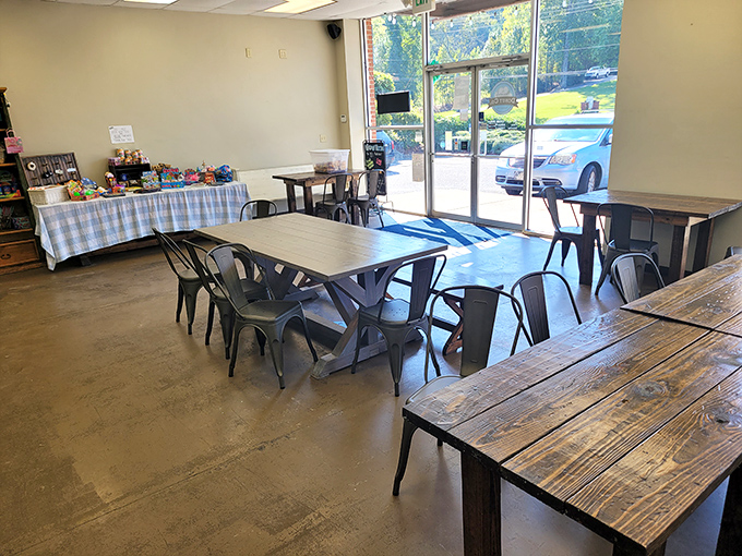 No-frills seating means all the focus stays where it belongs—on the donuts. The rustic wooden tables practically beg for a coffee and fritter pairing.