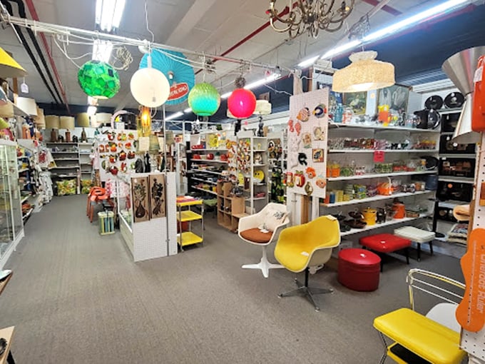 Colorful vintage lamps hang like psychedelic jellyfish above mid-century chairs. The 1970s called, and they're jealous you found their treasures. 