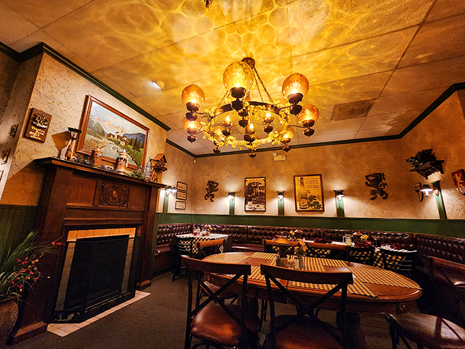Step inside and time-travel to the old country. This cozy dining room with its amber lighting and fireplace feels like your German grandmother's living room&mdash;if she had impeccable taste.