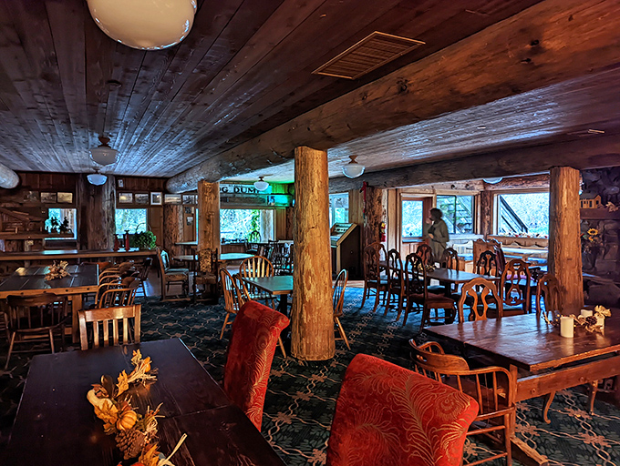 Step inside and you're transported to a lumberjack's palace where wooden beams frame your dining experience and carved bears stand guard over your breakfast