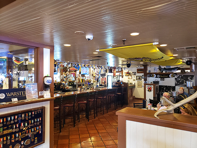 Step inside and you're transported to Bavaria without the jet lag. Beer steins, flags, and wood paneling create the perfect German time capsule.