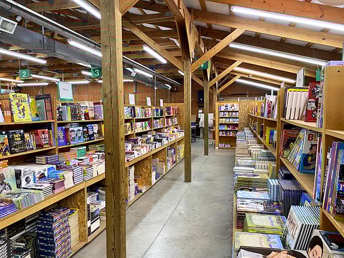 Wooden beams frame literary treasures like a cathedral of knowledge. The aisles stretch before you, promising discoveries that'll make your bookshelf jealous.