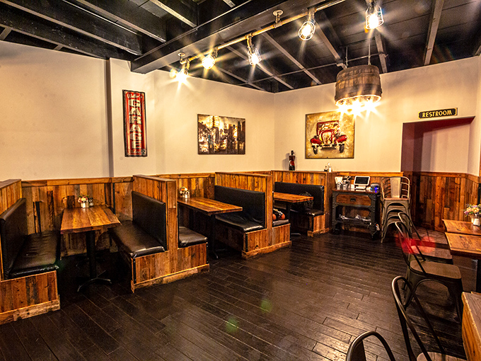 Step inside and suddenly you're transported to a cozy German tavern. Those wooden booths aren't just furniture&mdash;they're invitations to settle in for something special.