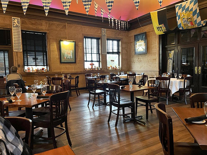 Step inside and you're transported to Munich without the jet lag&mdash;Bavarian flags, warm wood tones, and that unmistakable gem&uuml;tlichkeit vibe.