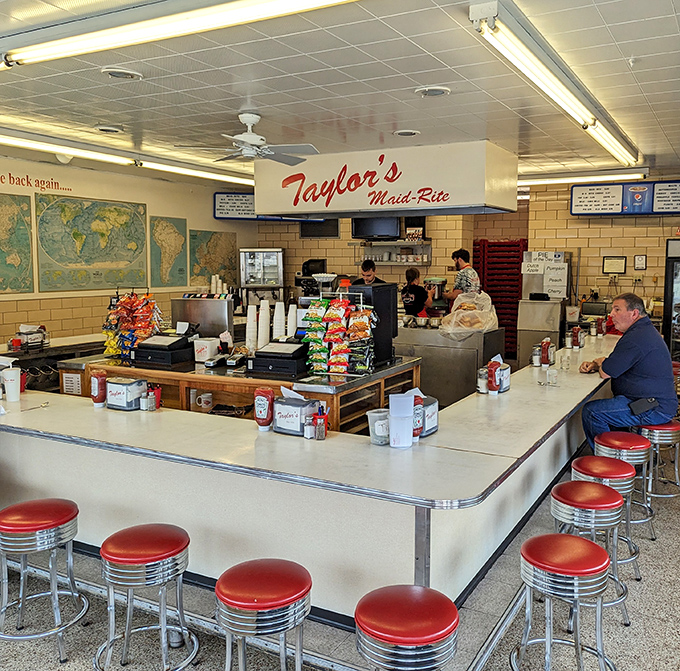 Step back in time at the counter, where those shiny red stools aren't just seats&mdash;they're front-row tickets to an authentic Iowa food experience.