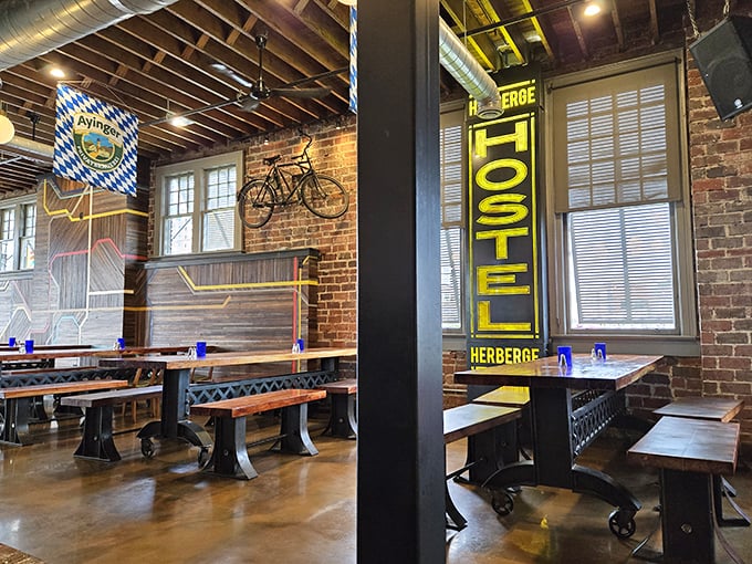 Exposed brick, communal tables, and bicycles hanging from the ceiling &ndash; this isn't your average West Virginia dining room, it's a Bavarian time machine.