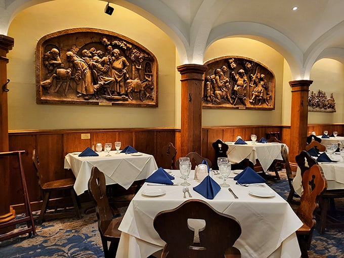 These carved wooden reliefs aren't just decoration&mdash;they're time machines to medieval Germany, watching over diners as they've done for generations.