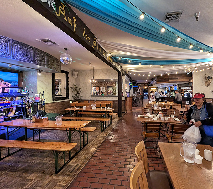 Where Gem&uuml;tlichkeit comes alive. Blue and white draped ceilings, wooden tables, and brick floors create the perfect backdrop for inevitable beer-fueled friendship.