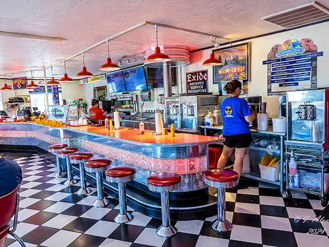Classic Americana at its finest&mdash;chrome counters, red vinyl stools, and checkerboard floors create the perfect stage for burger magic to unfold.
