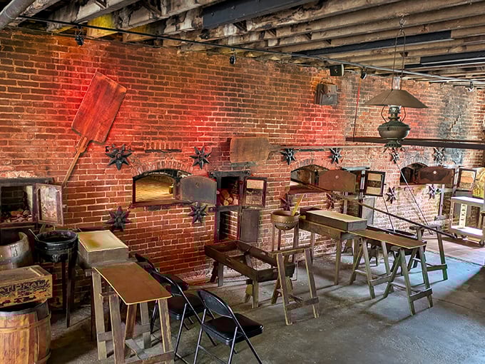 The historic bakery's interior reveals its soul – exposed brick walls, vintage equipment, and wooden beams that have witnessed generations of pretzel craftsmanship.